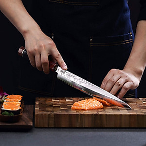 FINDKING Prestige Series Yanagiba Knife with Walnut Cover, Japanese SKD11 Damascus Steel Blade, Ebony Wood Octagonal Handle, Professional Sashimi Sushi Fish Knife (10.5 Inches, with Wooden Gift Box)