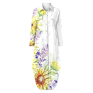 Wedding Guest Dresses for Women Betten Down Dresses Long Sleeve V Neck Sundress with Pockets Fashion Outdoor Mixi Yellow Large