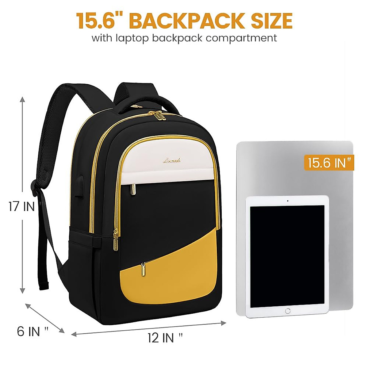 LOVEVOOK Laptop Backpack for Women,15.6 Inch Travel College Computer Back Pack,Work Backpacks with USB Port,Business Water Resistant Bag with Laptop Compartment for Teacher Nurse, Black-Yellow-White