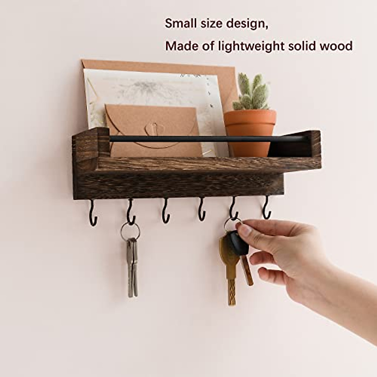 Mkono Key Holder for Wall, 9.5" x 3.5" x 2.5" Small Rustic Wood Floating Shelf with 6 Hooks Decorative Display Key Hanger for Living Room, Entryway, Bedroom, Bathroom,Office, Home Decor