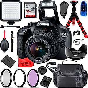 4000D DSLR Camera with 18-55mm f/3.5-5.6 Zoom Lens Bundle + Accessories (LED Video Light Kit, 32Gb High Speed Memory Card, UV CPL FLD Filter, Spider Tripod, Gadget Bag and More)