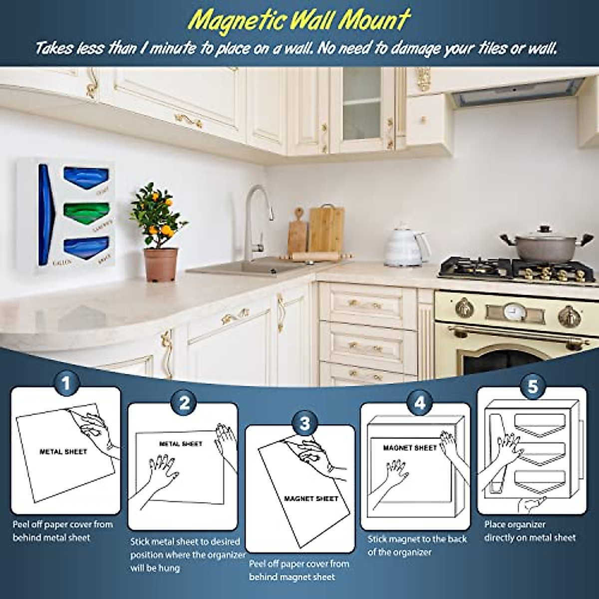 provoom Ziplock Bag Storage Organizer – Ziplock Organizer for Drawer with Grocery Bag Holder – Bamboo Baggie Organizer Compatible with Gallon, Sandwich, Snack, Quart Food Storage Bags(WHITE)