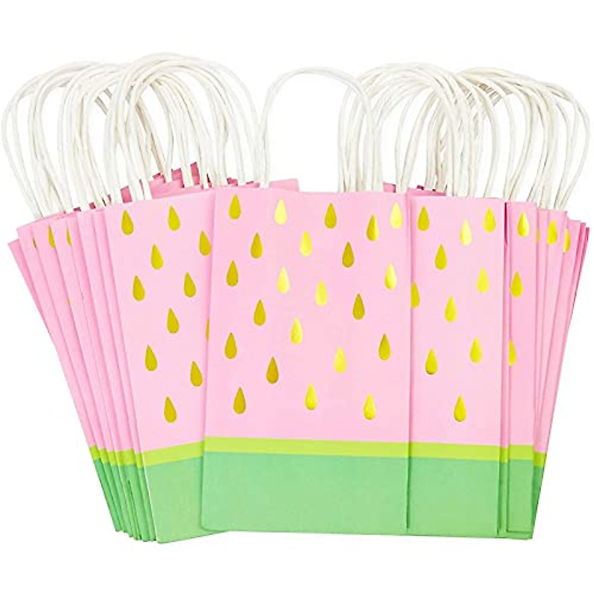 Watermelon Birthday Party Favor Gift Bags with Handles (9 x 5 x 3 in, Pink with Gold Foil)