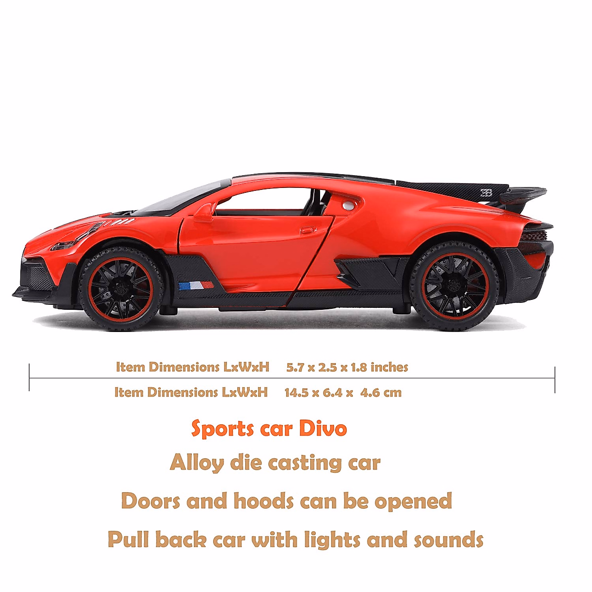 haomsj Bugatti Divo Diecast Metal Model Cars for Boy Toys Age 3-12 Pull Back Vehicles with Music Doors and Hood Can Be Opened(RED)