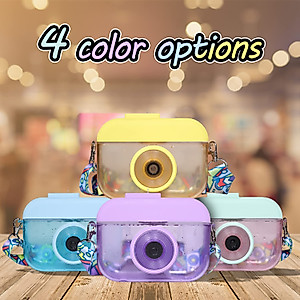 fufeisi Girls Kawaii Water Bottle with Straw,400ml Cute Water Bottle With Stickers, Kids Camera Shape Water Bottle for School with Adjustable Shoulder Strap for Juice(Purple)