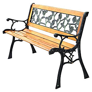 Tangkula Outdoor Garden Bench Park Bench, Patio Iron Bench Chair with Cast Iron & Hardwood Structure, Weather Proof Porch Loveseat, Perfect for Backyard, Deck, Lawn, Poolside