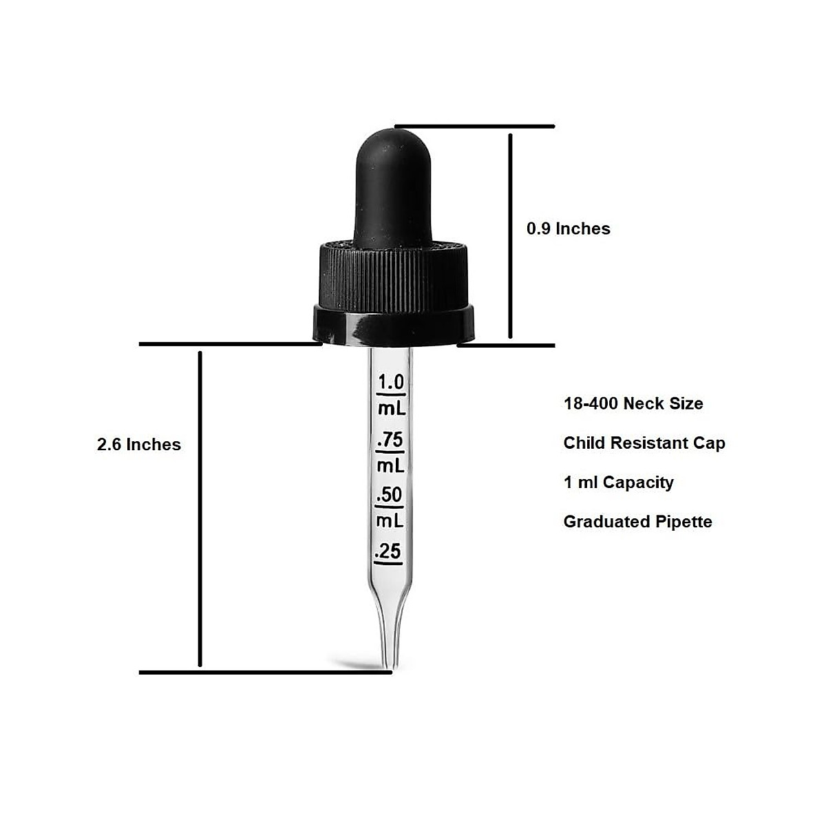 Comfort Axis Child Resistant Calibrated Glass Eye Dropper for 1/2 oz Bottle, Black, 18-400 Neck Finish, 1 mL Capacity (12 Pack)