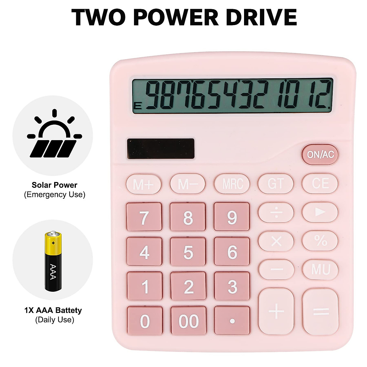 Desk Calculator, Envysun Compact 12-Digit Solar Battery Office Electronic Calculator with LCD Display, Dual Power Desktop Scientific Calculators (Cal-Pink-US)
