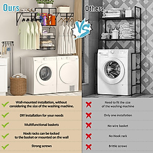 ThreeHio 3 Pack Laundry Room Shelves Wall Mounted with Wire Storage Baskets, Over Washer and Dryer Shelves with Hanging Rods and Hooks, Wire Wall Shelves Baskets for Laundry Organization and Storage