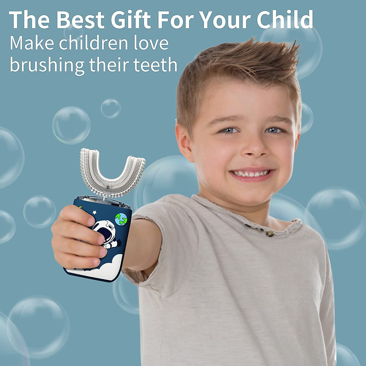 Canbrake Kids Electric Toothbrush, U Shaped Ultrasonic Automatic Toothbrush, with 3 Brush Heads, Six Smart Modes Timer Auto Toothbrush, IPX7 Waterproof Design, Cute Cartoon Tooth Brush for Children