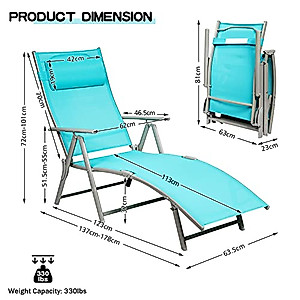 Giantex Chaise Lounge Chair for Outside, Pool Folding Reclining Beach Chair W/Removable Cushion&Headrest Pillow, Outdoor Lounge Chaise w/ 7 Backrest Positions, Portable Patio Lounger (2, Turquoise)