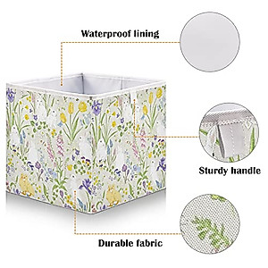Kigai Rectangular Storage Bin Cute Bunny and Floral Foldable Storage Basket Toy Storage Box for Home Organizing Shelf Closet Bins, 15.8 x 10.6 x 7-Inch