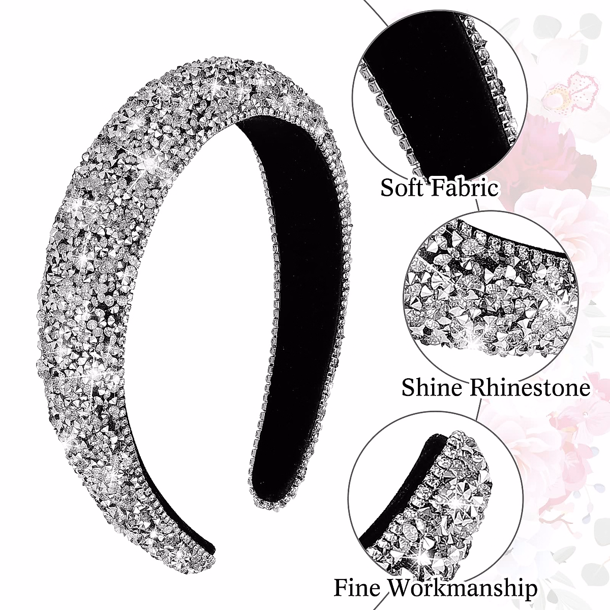 Sibba Rhinestone Headband Padded Hairbands Hair Hoops Accessories Crystal Beaded Jeweled Sparkle Wide Band Handmade Sequin Embellished Headpiece Headwear Easter Party for Women