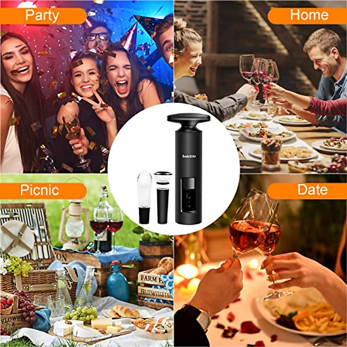 Gokilife Wine Bottle Opener Set - Manual Corkscrew with Foil Cutter Vacuum Stopper and Wine Aerator Pourer, Cordless ABS Bottle Opening for Home, Kitchen, Party, Restaurant, Bar(No Need Charing)