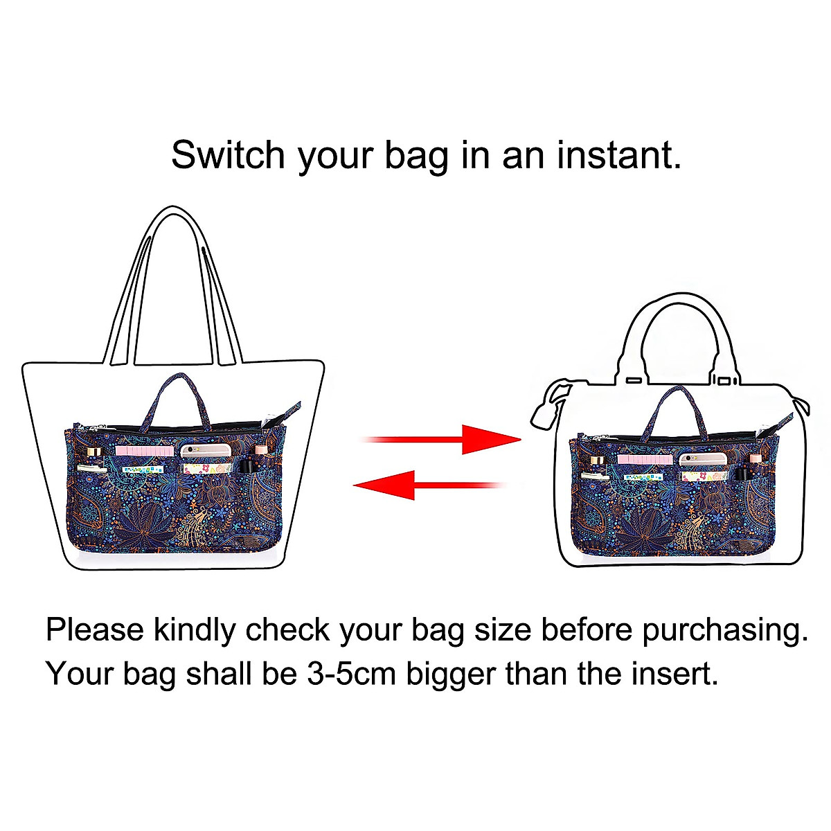 BTSKY Printing Handbag Organizers Inside Purse Insert - High Capacity 13 Pockets Bag Tote Organizer with Handle(Blue Lotus)