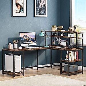 Tribesigns 67" Reversible Large Computer Desk with Hutch, Office Desk Study Table Writing Desk Workstation with 5 Storage Shelves 2 Tier Bookshelf for Home Office (Rustic Brown)