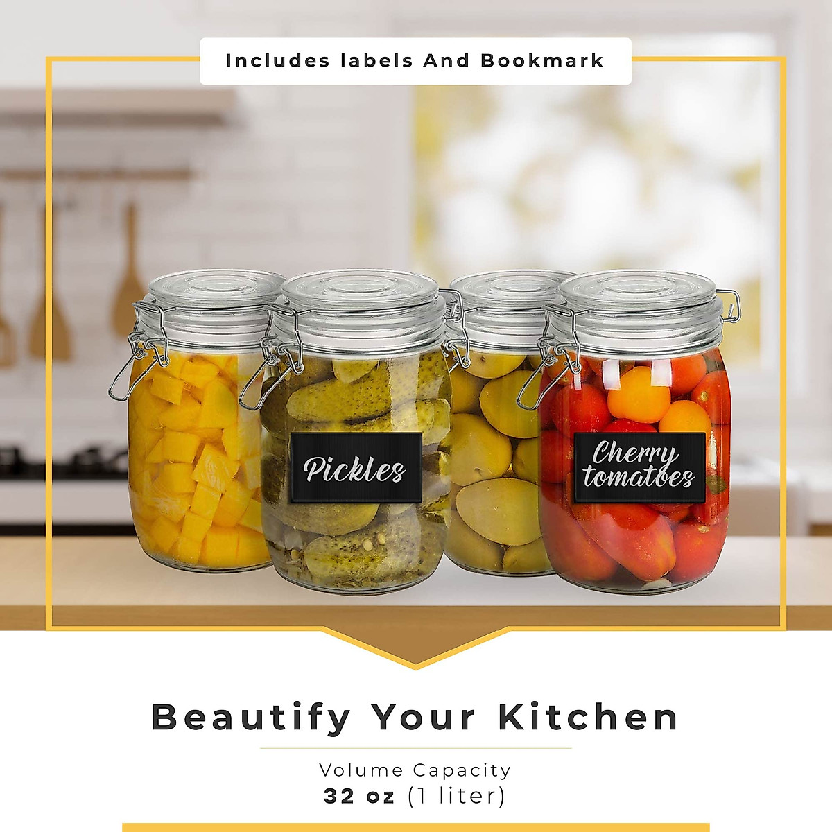 Xabono 4 Pack Wide Mouth Glass Jars with Airtight Lid 32 oz Storage Containers Lids Clear Jar Leak Proof Food Kitchen Cereal Pasta (WMGJAL1)