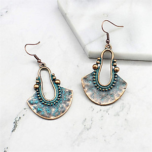 Boho Chic Handmade Hollow Shield Shape with Hammered Drop Earrings Vintage Statement Dangle Earring For Women (Bronze)