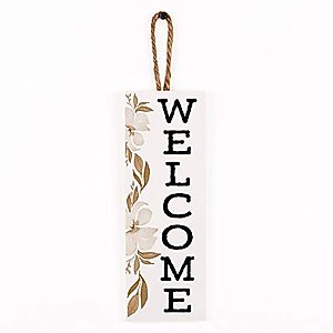P. Graham Dunn Welcome Floral Brown 10 x 4 Solid Pine Wood Decorative Vertical String Sign