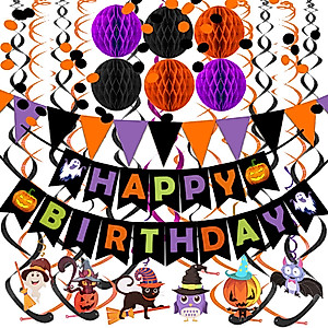 Happy Birthday Banner Paper Triangle Flag Bunting Circle Confetti Dots Hanging Garland Honeycomb Ball Swirl Streamers for Halloween theme party Birthday party Decoration