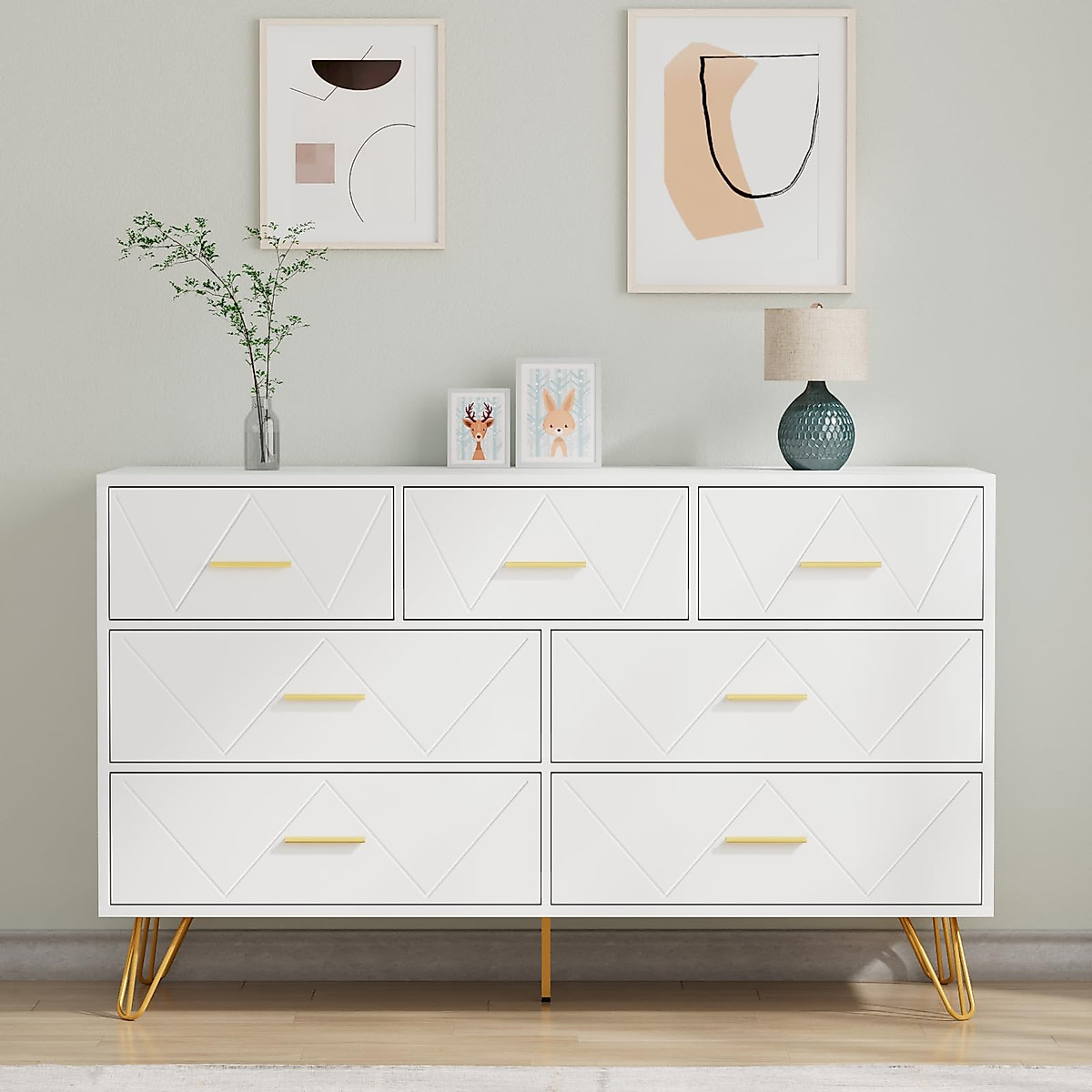 CARPETNAL White Dresser for Bedroom, 7 Drawer Dresser with Wide Drawers and Metal Handles, Wood Dressers & Chests of Drawers for Hallway, entryway.
