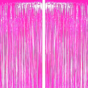 JUICY MOOM Hot Pink Tinsel Foil Fringe Curtain Bachelorette Wedding Bridal Shower Photo Backdrops Party Decor Baby Shower Girls First Birthday Photo Booth Props Backdrops Decorations