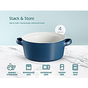 KooK Soup Crocks, Ceramic Stackable Bowls, Broil, Oven, Microwave and Dishwasher Safe, with Handles, For Casserole, Pasta, Cereal, 23.6 oz, Set of 4 (Matte Blue)