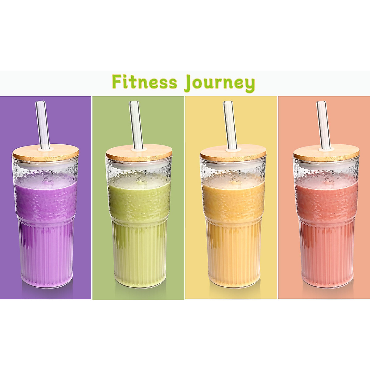 ANOTION Glass Cups with Lids and Straws - 22oz Coffee Cups Gifts for Women Drinking Glasses Iced Smoothie Cup Glass Tumbler Water Glasses Ribbed Glassware Clear Cups Travel Coffee Mug Glasses Set