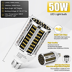50W 2 pack LED Corn Light Bulb,3000K Warm White 6500LM(500W Equivalent ) Commercial GradeE26/E39 Medium Mogul Base LED Lamp,Large Area Lights For Outdoor Indoor Garage Warehouse Factory Bay Light