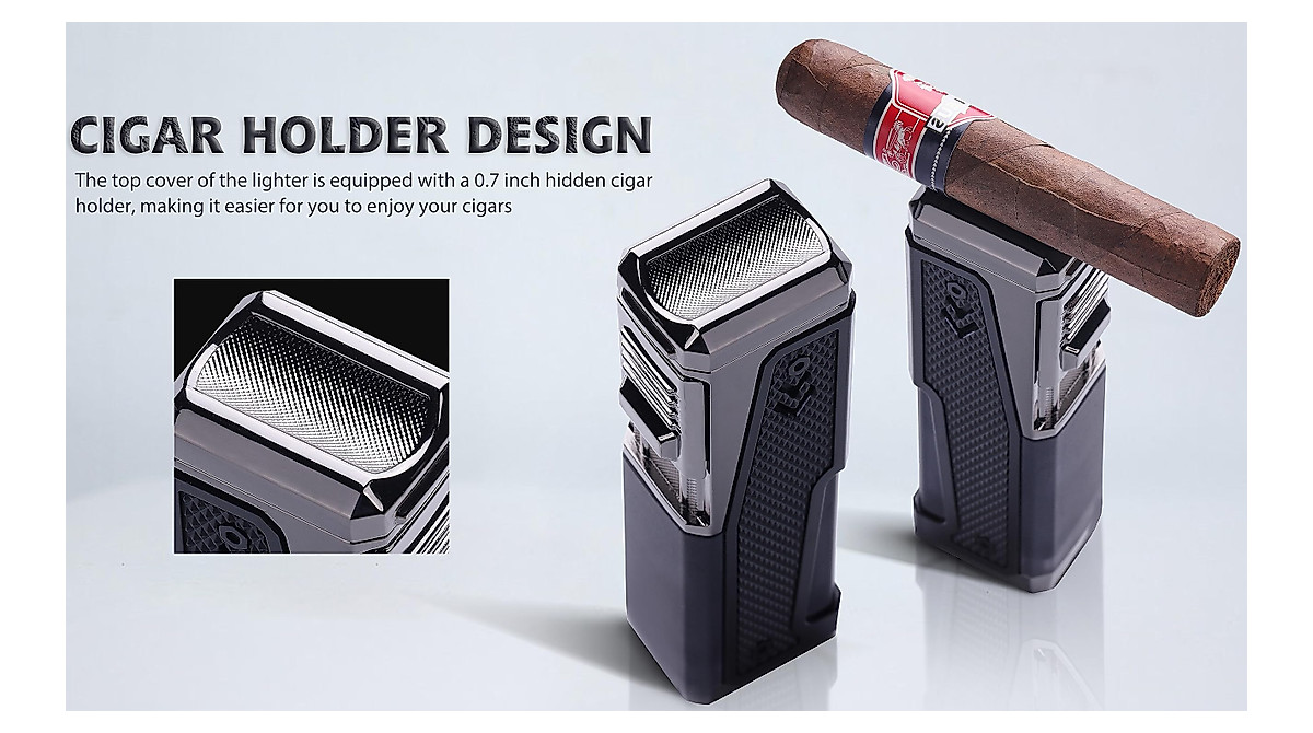 TOMOLO Torch Lighter Cigar Lighter Quadruple Flame Butane Refillable Lighter with Cigar Holder ...