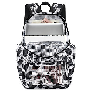 Xunteny Cow Print Mesh Backpack for Girls Women, Semi-Transparent Kids School Backpack College Bookbag Casual Daypacks for Beach Gym Travel