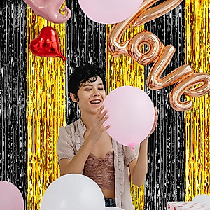 Ohiyoo 5 Pack Black and Gold Fringe Curtain Backdrop 3.2ft x 8.2ft Metallic Tinsel Foil Fringe Curtains for Photo Booth Props Birthday Party Decorations Wedding Graduation Carnival Party Decorations