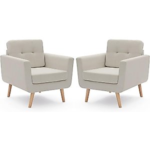 Tbfit Linen Fabric Accent Chairs Set of 2, Mid Century Modern Armchair for Living Room, Bedroom Button Tufted Upholstered Comfy Reading Accent Chair Sofa(Light Beige)