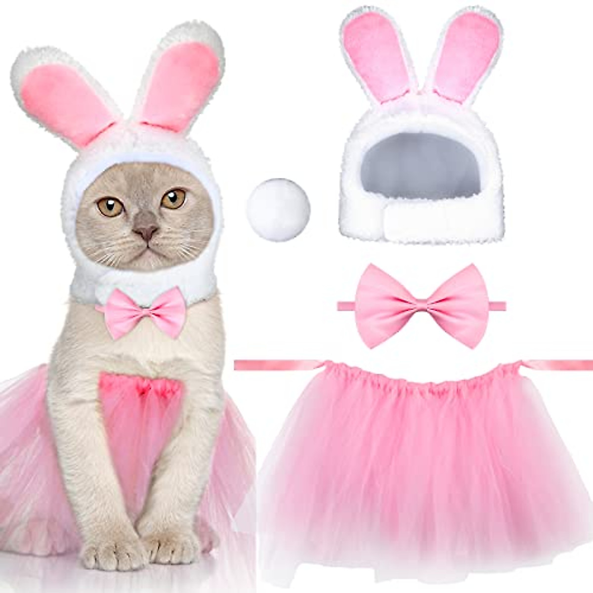 4 Pcs Bunny Costume Set Bunny Rabbit Hat with Ear Bunny Ears Pet Headband Lace Tutu Skirt with Bunny Ears Tail and Bow for Easter Cats Small Dogs Party Costume Accessory