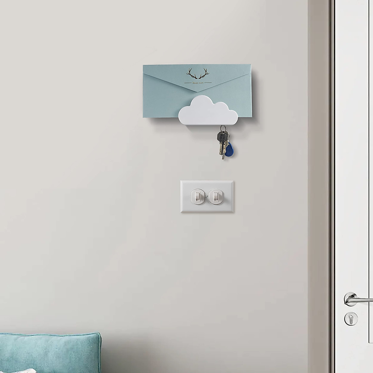TWONE White Cloud Magnetic Wall Key Holder Plus, Mail Organizer Wall Mount with 3 Magnets Hooks for Entryway and Home
