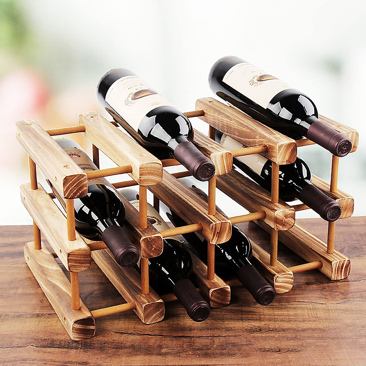 IWNTWY Wine Racks Countertop, 12 Wine Bottle Holder Stand, Freestanding Floor Wine Storage Shelf, DIY Assembly Wooden Wine Rack Water Bottle Organizer for Home Kitchen Cabinet Bar Wine Gifts