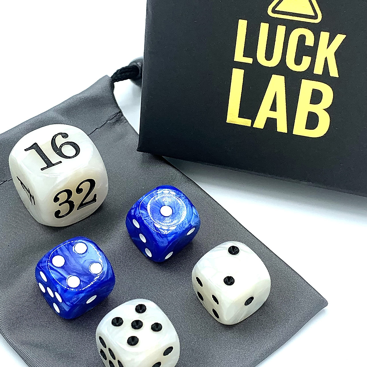 Luck Lab Backgammon Pearl Dice Set - 22 mm Doubling Cube Plus Four 16 mm Dice with Bonus Bag, Blue/White Marbelized