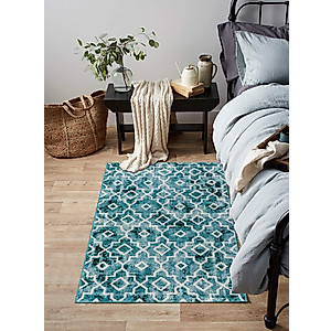 Wonnitar Moroccan Washable Area Rug - Small 2x3 Teal Distressed Entryway Rug Doormat Modern Geometric Non-Slip Throw Rug Faux Wool Floor Carpet for Bathroom Laundry Indoor Office (Teal,2'x3')
