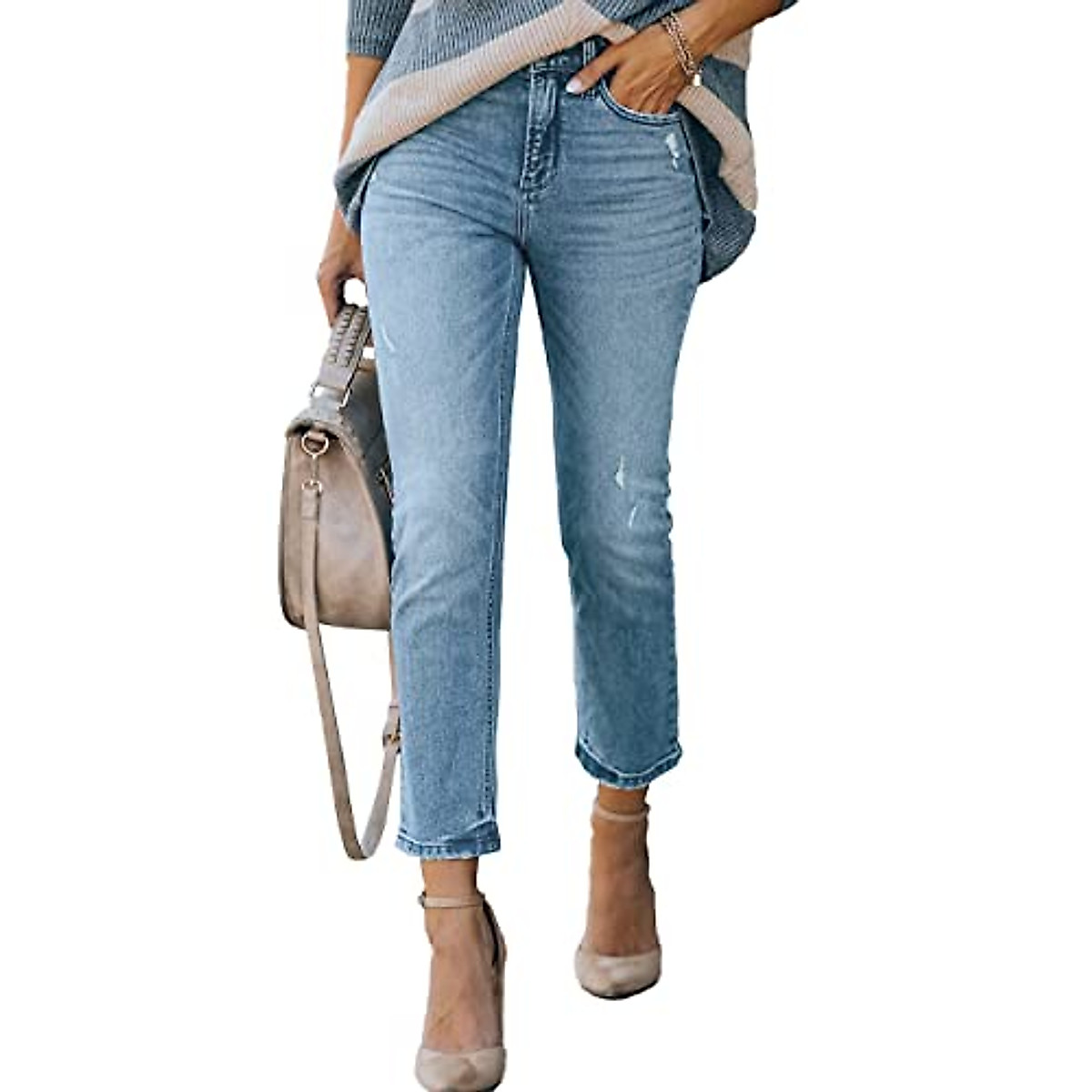 Lesore Womens High Waist Washed Raw Hem Boyfriend Ripped Distressed Destroyed Straight Leg Cropped Jeans Denim Pants Pockets Blue 29