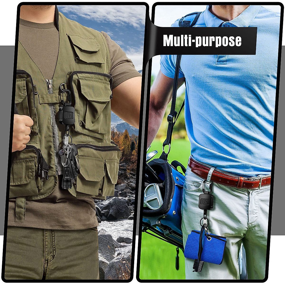 ELV Retractable ID Badge Holder, Retractable Keychain Badge Reel, Heavy Duty Metal Body, Strong Dyneema Cord, Carabiner and Key Chain, 30 inch Wire Extension, Hold Up to 15 Keys and Tools [1 Pack]