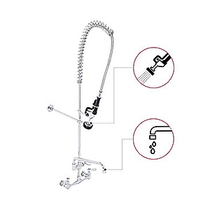 Commercial Kitchen Sink Pre-Rinse Faucet - DuraSteel 42" Height 8" Center No-Lead Wall Mount Industrial Faucet w/ Pull Down Pre-Rinse Sprayer & 12" Add-on Swing Spout - NSF Certified