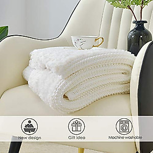 DECOSY Faux Fur Knitted Throw Blanket, Soft Warm Cozy Woven Blanket for Women, Men and Adults, Lightweight Decorative Blanket for Couch, Bed, Sofa, Travel, Suitable for All Seasons (Ivory, 50"x 60")