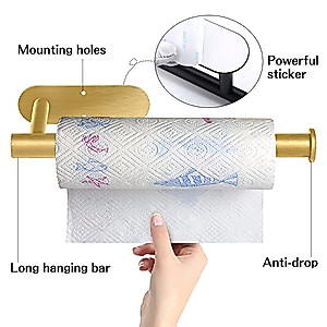 Paper Towel Holder Under Cabinet, Under Cabinet Black Paper Towel Rack,Both Available in Adhesive and Screws,SUS304 Stainless Steel Self-Adhesive Paper Towel Bar,for Kitchen, Pantry, Sink (Gold)