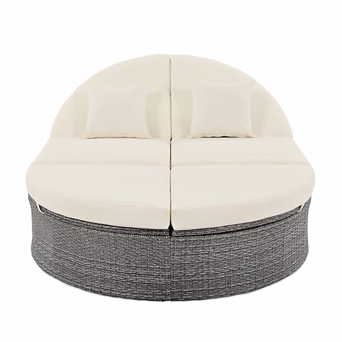 EOVTK Outdoor Rattan Daybed, Multifunctional 2-Person Sun Bed with Cushions and Pillows, Wicker Reclining Chaise Lounge with Adjustable Backrests and Foldable Cup Trays for Lawn, Poolside, Beige