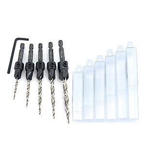 FTG USA Wood Countersink Drill Bit Set 5 Pc Countersink Drill Bit #4, 6, 8, 10, 12, Tapered Drill Bits with 1/4" Hex Shank Quick Change, Allen Wrench, and 6 Pc Storage Containers