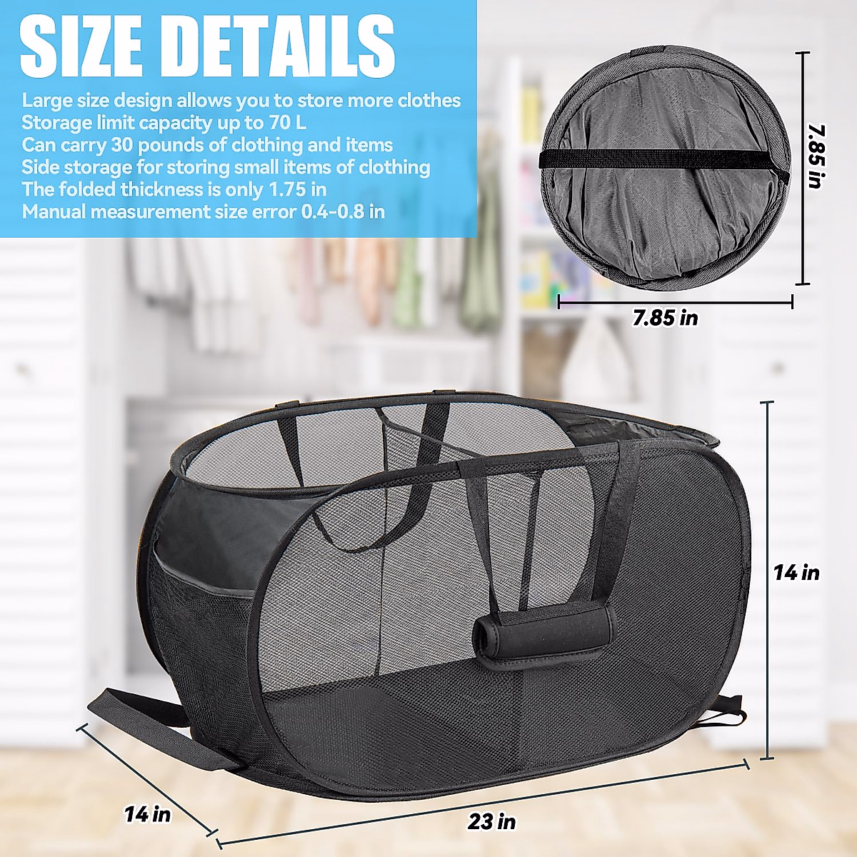 Collapsible Mesh Laundry Basket 2 Pack Pop Up Laundry Basket Mesh Foldable Laundry Basket with Soft Comfortable Handle Pad, Folding Laundry Basket Strong Durable and Excellent Breathability, Black