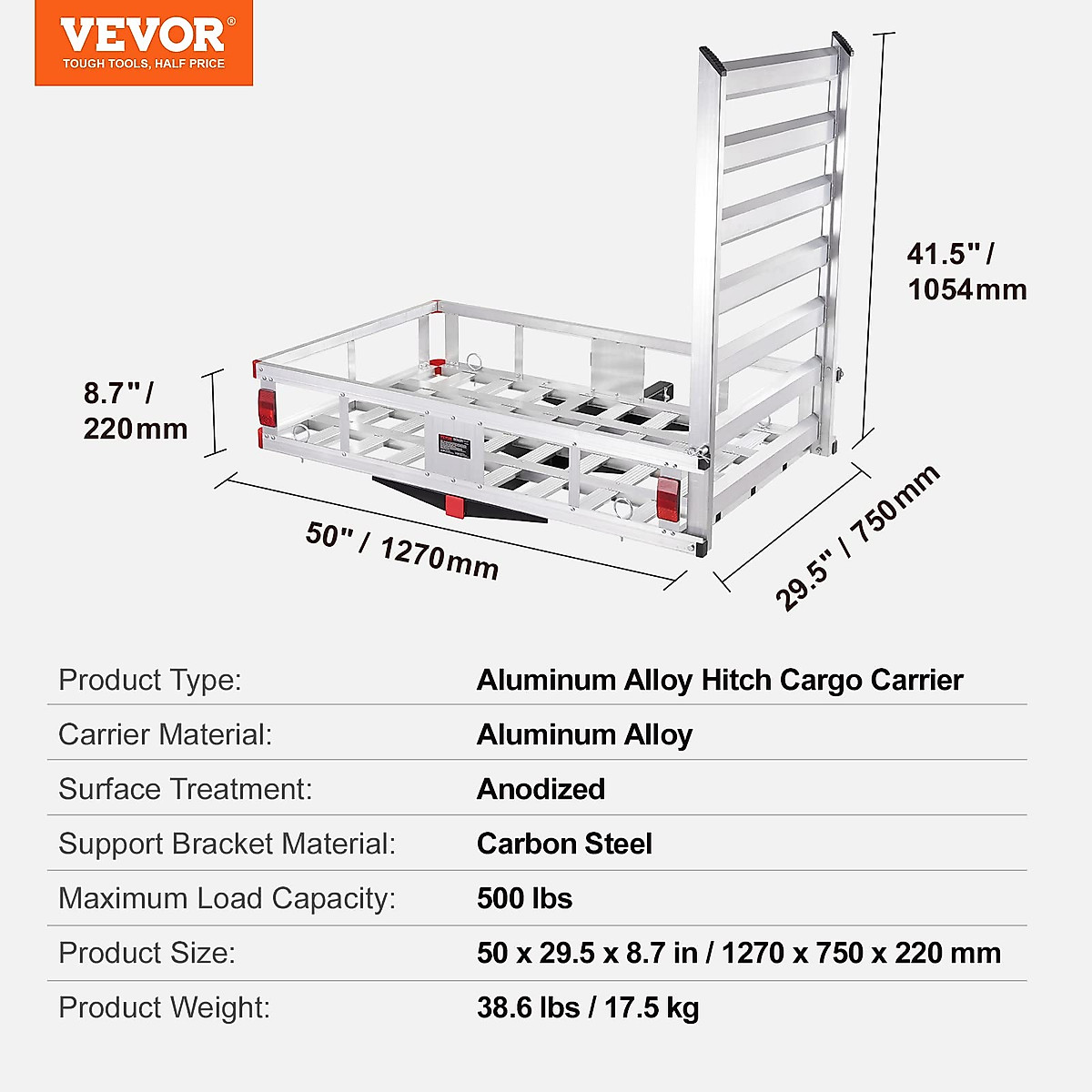 VEVOR 50 x 29.5 x 8.7 in Hitch Cargo Carrier, 500lb Capacity Trailer Hitch Mount Aluminum Cargo Basket with Folding Ramp, Luggage Carrier Rack Fits 2" Hitch Receiver for SUV Truck Pickup Camping