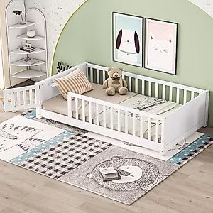 Mirightone Floor Bed with Rails and Door Twin Size, Wood Montessori Floor Bed with Storage Bookcase, Kids Bed Frame with Fence for Boys Girls, White