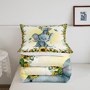Erosebridal Gray Elephant Comforter Set Kawaii Room Decor,Cartoon Wildlife Woodland Animals Bedding Twin Set for Kids Girls Boys,Yellow Flowers Sunflower Down Comforter Blue Teal Butterfly Decor