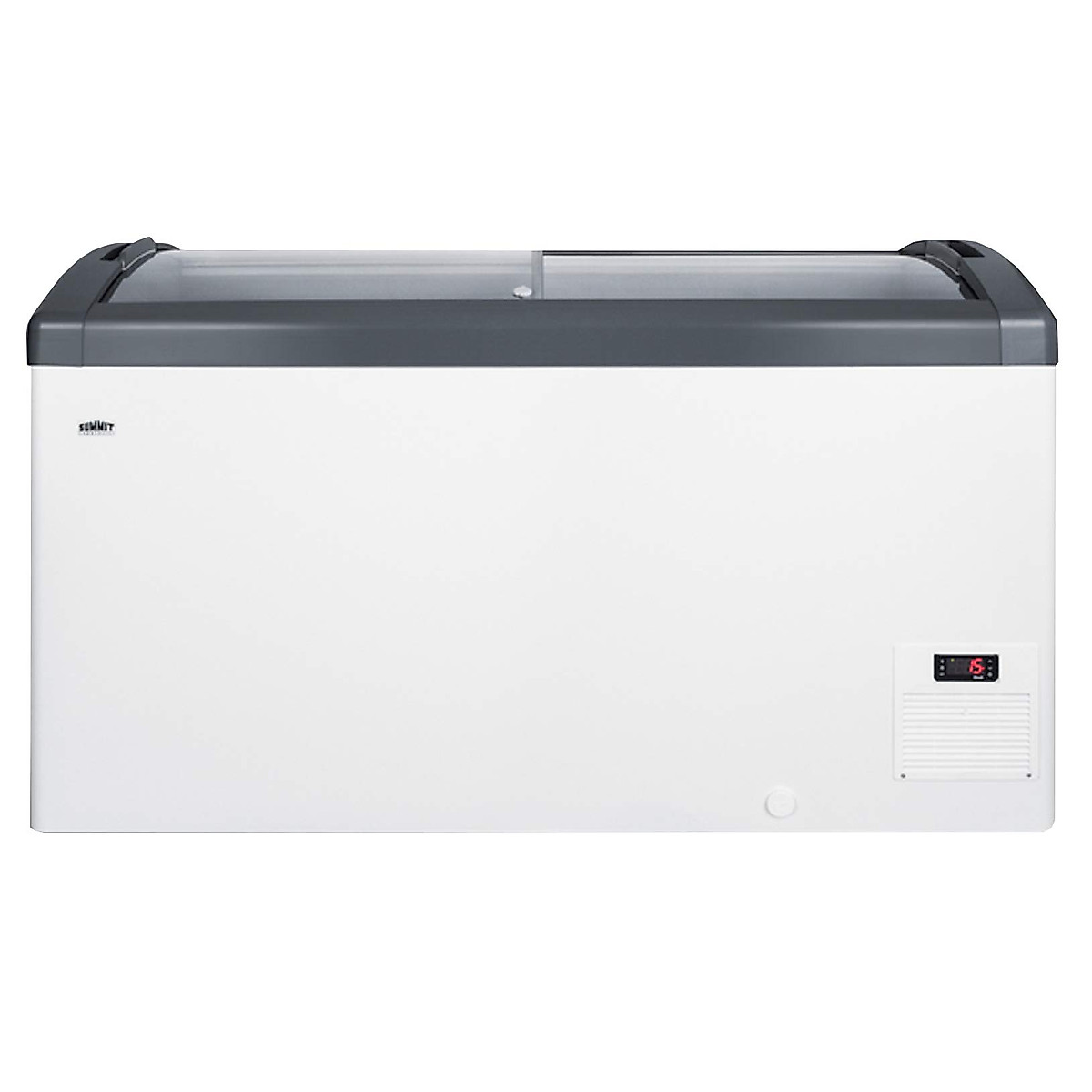 Summit FOCUS171 Top Display Commercial Freezer with 17.1 cu. ft. Capacity Digital Thermostat Sliding Glass Lid Manual Defrost Casters Hammered Aluminum Interior in White